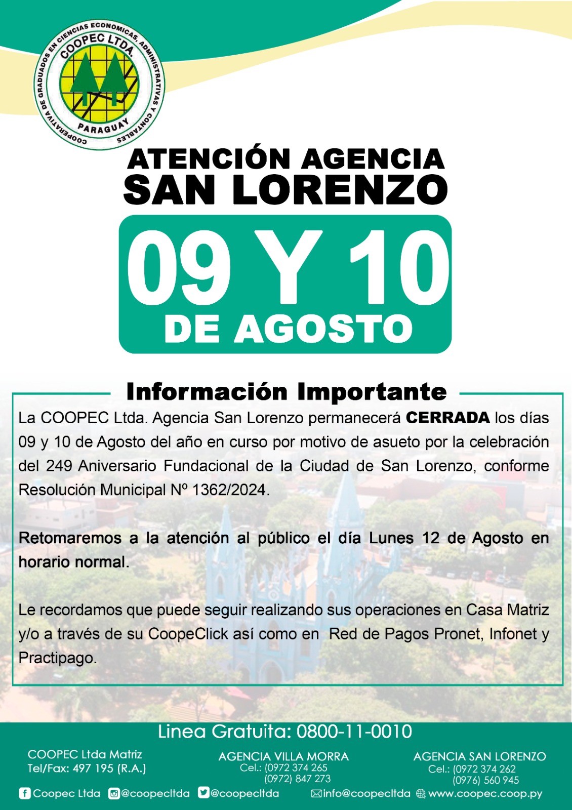 AVISO: DIAS DE ASUETO EN SAN LORENZO - COOPEC LTDA.