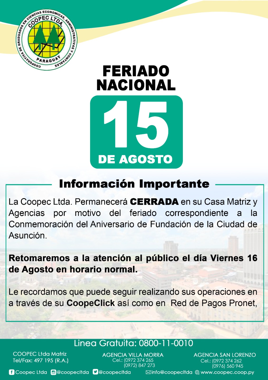 AVISO: FERIADO 15 DE AGOSTO - COOPEC LTDA.